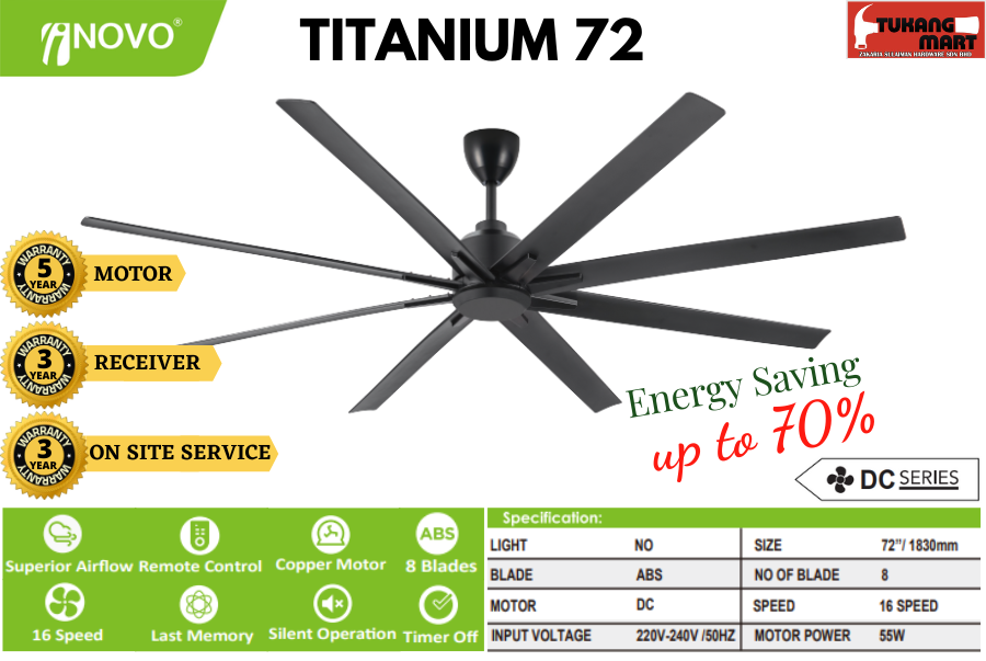 INOVO TITANIUM 72'' CEILING FAN 16 SPEED (8F+ 8R) 8 BLADE- MATTE BLACK